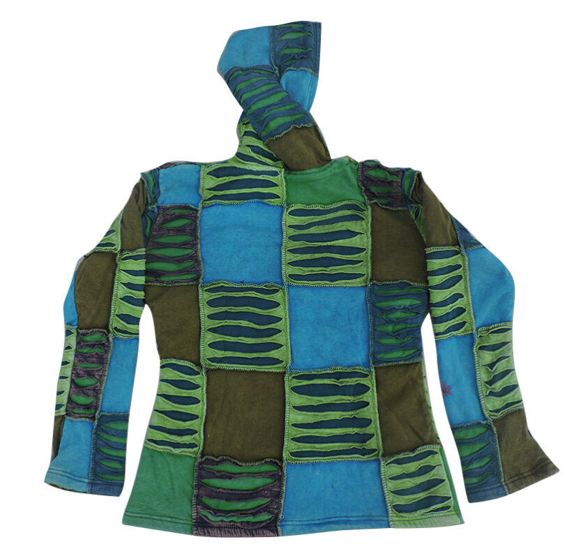 Green Tone Patchwork Fleece Lining Hippie Razor Cut Cotton Jacket for ...